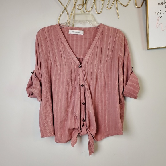 Tops | Pink Metallic Thread Button Tie Front Top | Poshmark